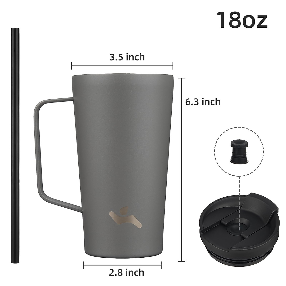 Konokyo Insulated Tumbler with Handle and Straw, 18 OZ Travel Coffee Mug Stainless Steel Cup Metal Water Bottle,Grey