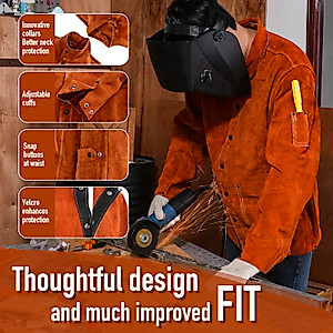 QeeLink Leather Welding Jacket - Flame-Resistant Heavy Duty Work Welder Jackets - Split Cowhide Welding Coat for Men Women (Large)