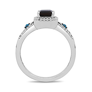 Jewelili Enchanted Disney Fine Jewelry Sterling Silver 7x5 MM Octagon Smokey Quartz and 1.5 MM Cabochon Round Turquoise with 1/5 Cttw Natural White Round Diamond Pocahontas Ring, Size 9