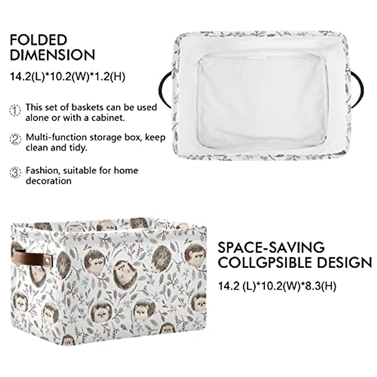 One BearCute Animal Baby Hedgehogs Forest Leaves Storage Basket Square Large Foldable Laundry Baskets Waterproof Inner Layer with Sturdy Handles for Kids Toy Nursery Blanket Clothes 1pack