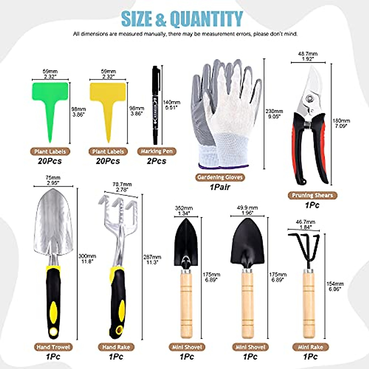 Wokape 50Pcs Garden Tool Set Gardening Kit, Handle Trowel Transplanter Cultivator Pruning Shears Cultivator Hand Rake Shovels and Gardening Gloves Gardening Supplies Gifts for Weeding, Digging