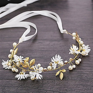 Bridal Hair Vines Crystal Pearls Flower Wedding Hair Accessories Evening Party Tiara Headpiece for Bridesmaid and Flower Girls (Gold)