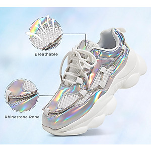 LUCKY STEP Women's 90s Chunky Sneakers Sparkly Bling Rhinestone Rope Platform Casual Thick Dad Rave Walking Shoes(Hologram Silver,7 B(M) US)