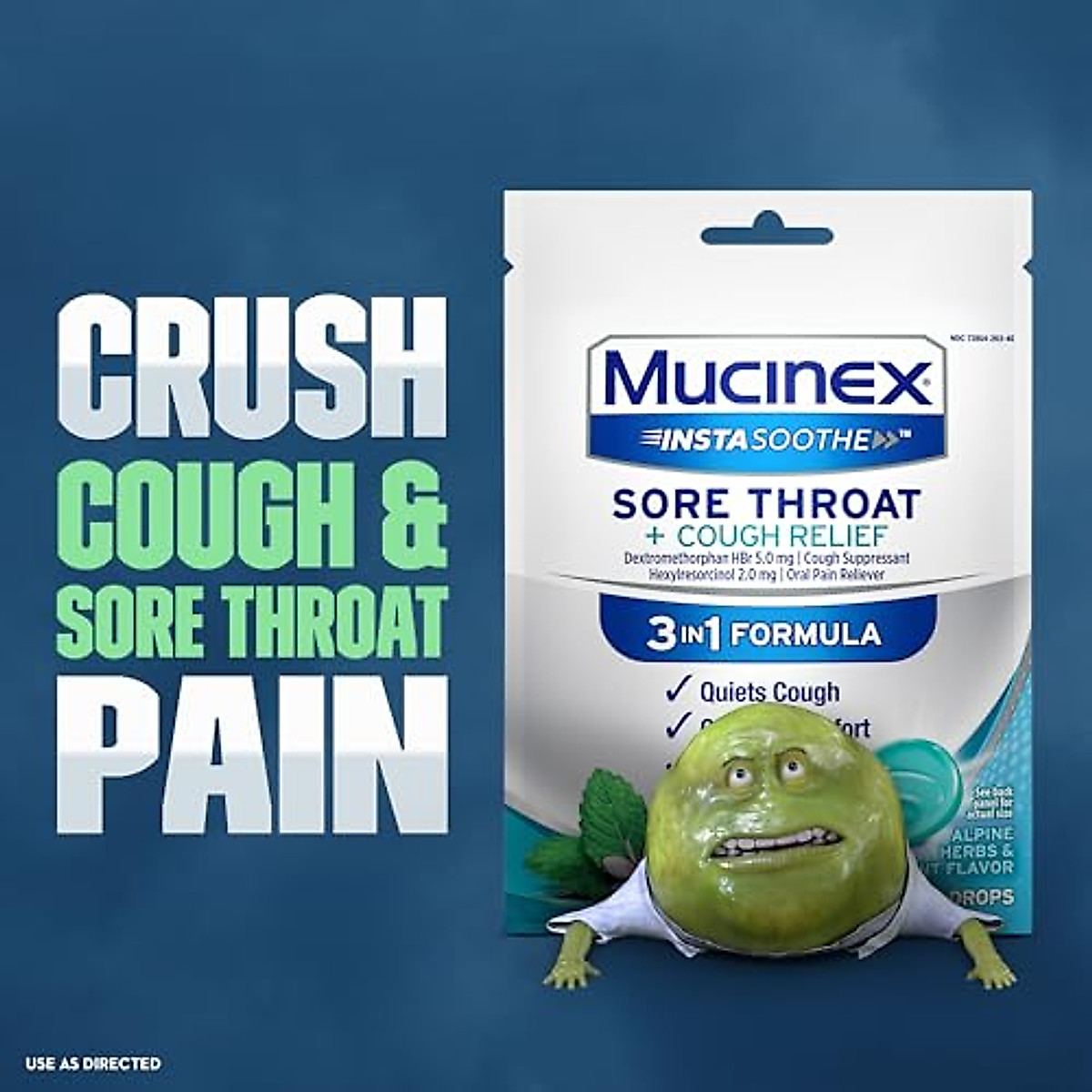 Mucinex Instasoothe Sore Throat Relief + Cough Relief, Sore Throat Lozenges, Cough Drops with Dextromethorphan HBr & Hexylresorcinol, Alpine Herbs & Fresh Mint Flavor Medicated Throat Drops, 40ct