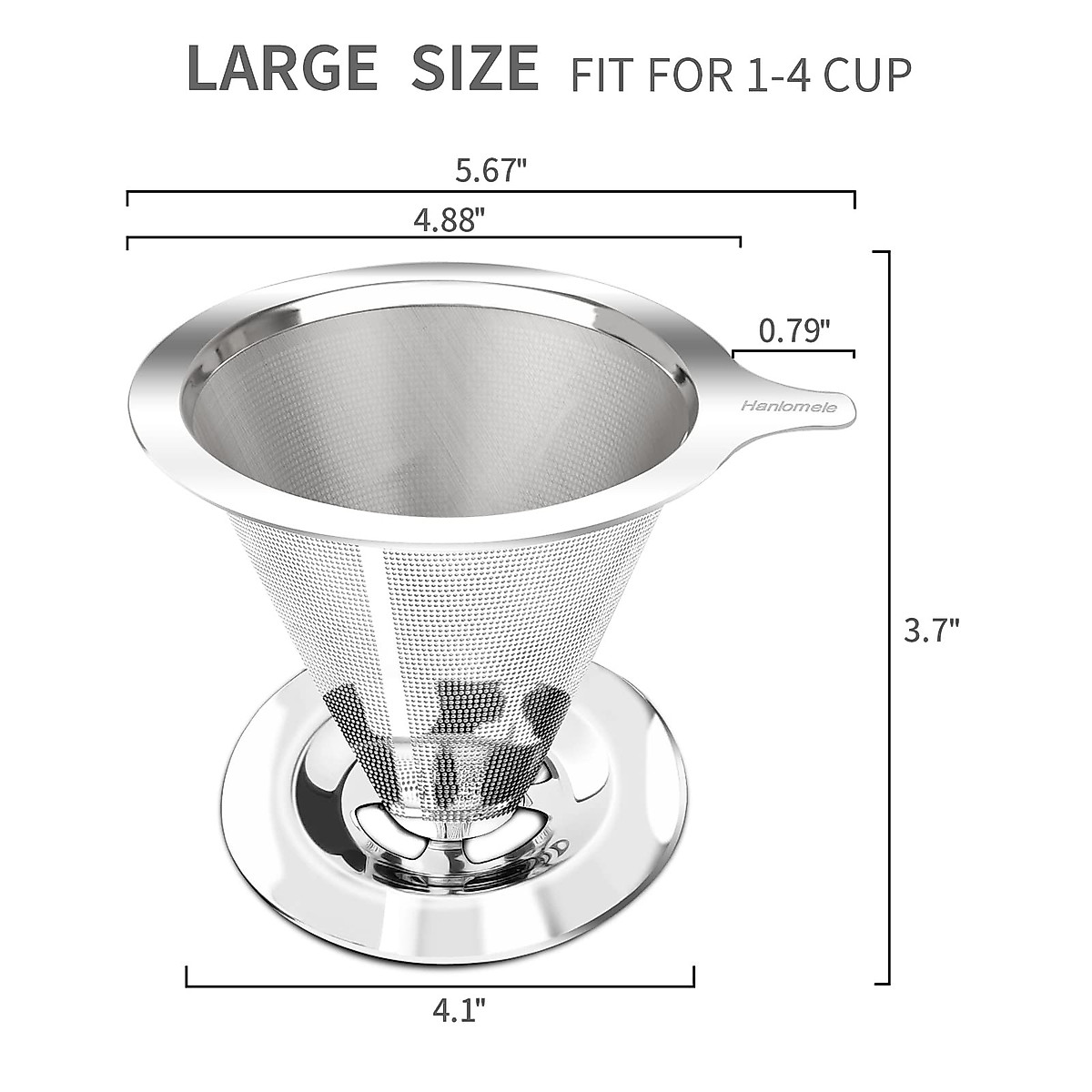 Hanlomele Pour Over Coffee Dripper, Paperless Reusable Coffee Filter, Pour Over Coffee Maker for Single Cup Brew, Double Mesh Design of Stainless Steel Cone Filter for Perfect Extraction (1-4 Cup)