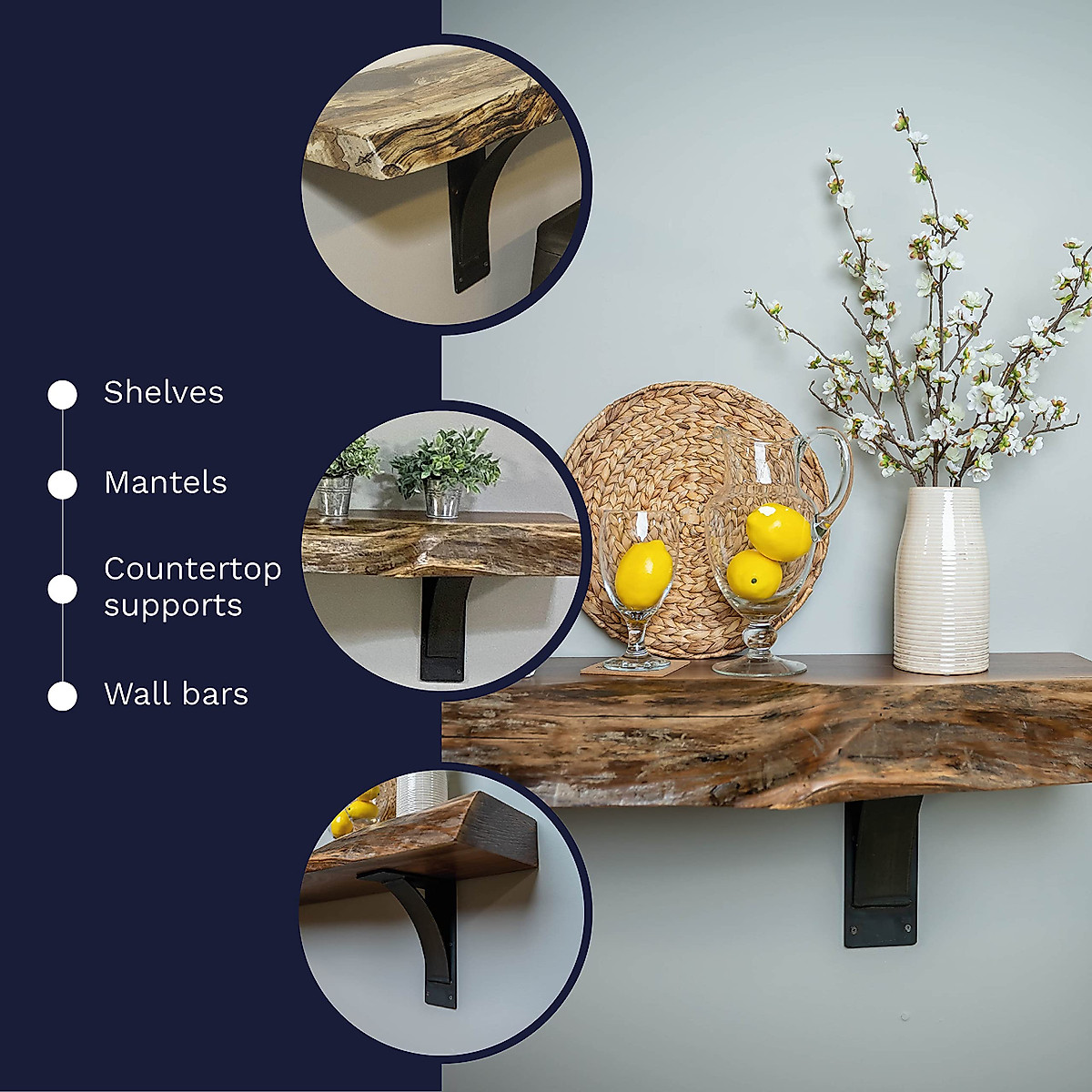 RRD Steel Mantel Brackets Heavy Duty (2 Pack) - Fireplace Mantel Brackets - Countertop Support Bracket - Hand Welded Steel Brackets - Mantel Bracket Rustic Farmhouse Decor (7"x12" Natural Steel Color)