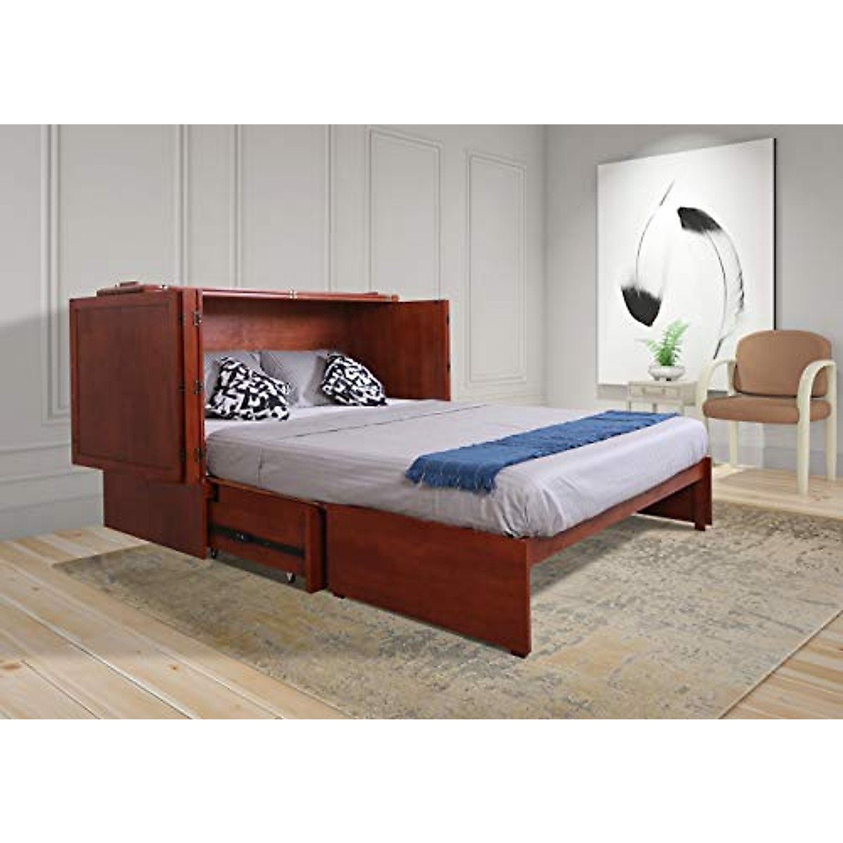 Emurphybed Daily Delight Murphy Cabinet Chest Bed with Charging Station & 6" Memory Foam Mattress, (Queen, Cherry)