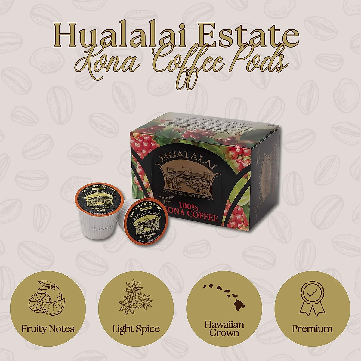 100% Kona Coffee - Medium Dark Roast Single Serve Cups by Hualalai Estate - 12 count - Premium Ground Kona Coffee