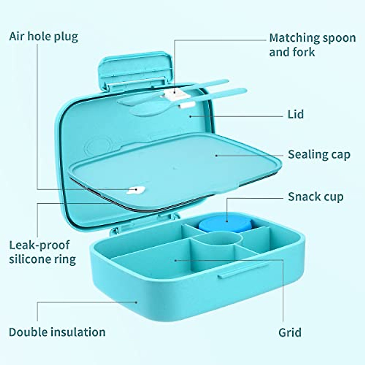 ANDMOON Bento Lunch Box with Kids/Adults, 5 Compartments Leakproof Lunch Container with Dressing Cup, Eco-Friendly Double Insulated Boxes, Dishwasher and Microwave Safe, BPA-Free (blue)