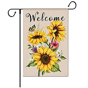 WODISON Spring Summer Sunflower Welcome Garden Flag, Vertical Double Sided Floral Butterfly Burlap Flag, Outdoor Decoration For Outside Yard Farmhouse 12 x 18 Inch (ONLY FLAG)