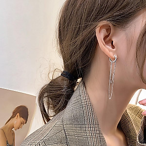 SLUYNZ 925 Sterling Silver CZ Hoop Earrings Tassel Chain for Women Teens Small Hoop Earrings Dangle Earrings (A-Silver)