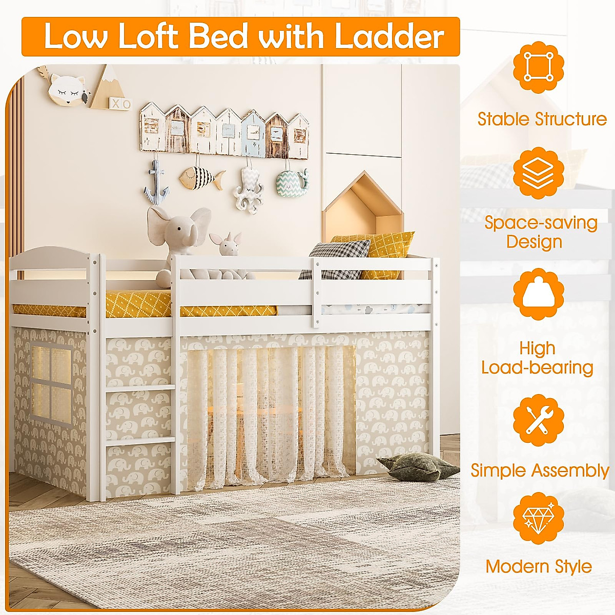 KOTEK Twin Loft Bed, Solid Wood Low Loft Bed for Kids with Ladder & Guard Rails, No Box Spring Needed, Space-Saving Loft Bed Frame for Boys & Girls (White)