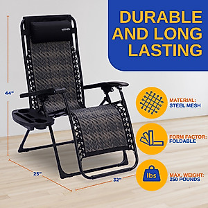 SereneLife Adjustable Rattan Zero Gravity Lawn Recliners w/Removable Pillows and Cup Holder Side Tables, single chair