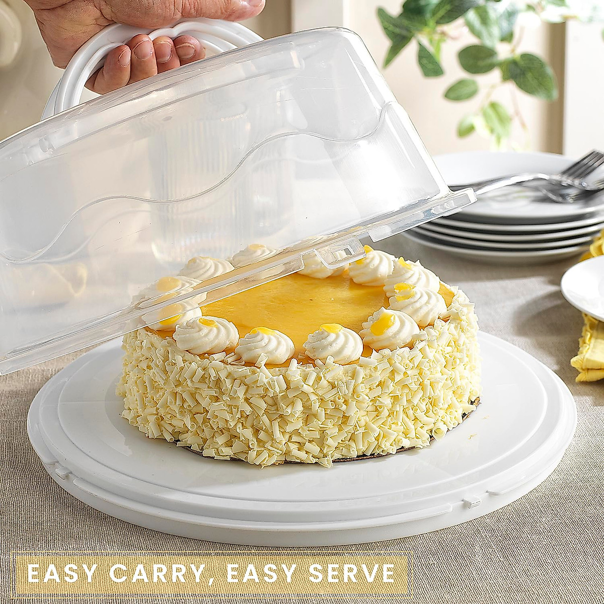 MosJos Round Cake Carrier, BPA-Free Plastic Cake Keeper with Lid, Fits 10” Cakes, Two Secure Side Closures, Dishwasher Safe Cake Transport Container (White -)