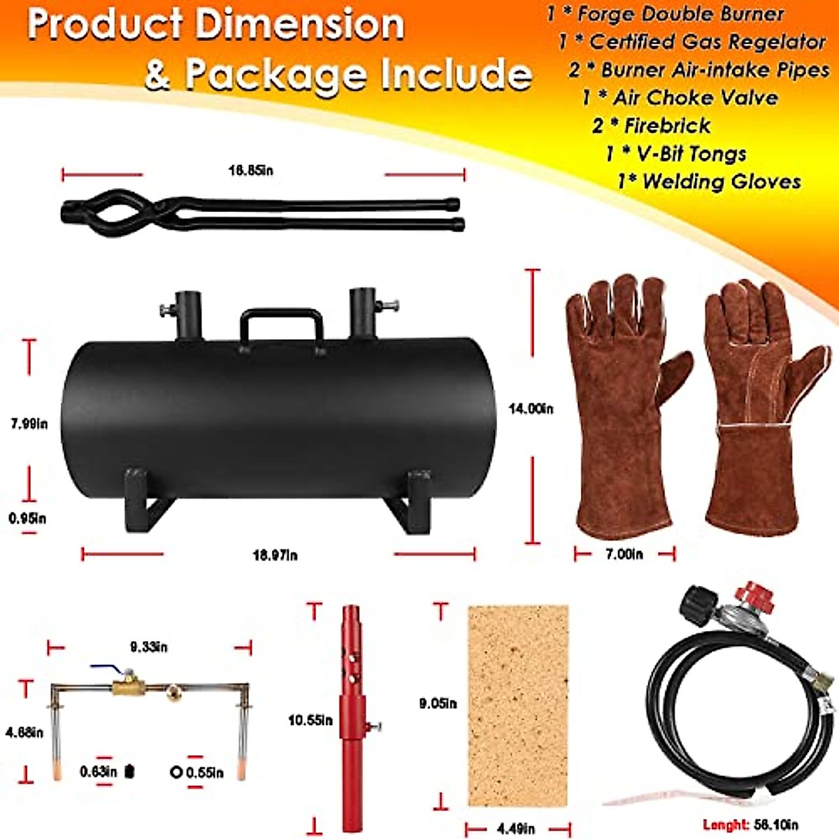 Yoursme Propane Gas Forge, Double Burner Blacksmithing Forge Large Capacity Forge, Oval Propane Burner Forge with 16.85¡®¡¯ V-Bit Tongs & Leather Welding Gloves for Farrier, Knife and Tool Making