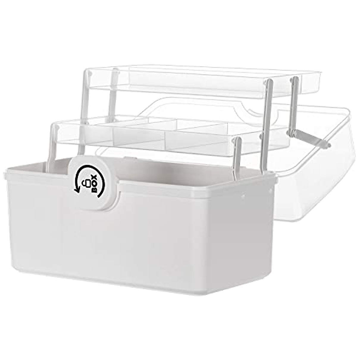 Sooyee Craft Organizers and Storage,Plastic Box with 3-Tier Fold Tray and Handle,Portable Lockable Container for Arts, Crafts,Cosmetic, Sewing, Toy, Washi Tape, Lego,13.4x7.5x8.9 in,Clear/White