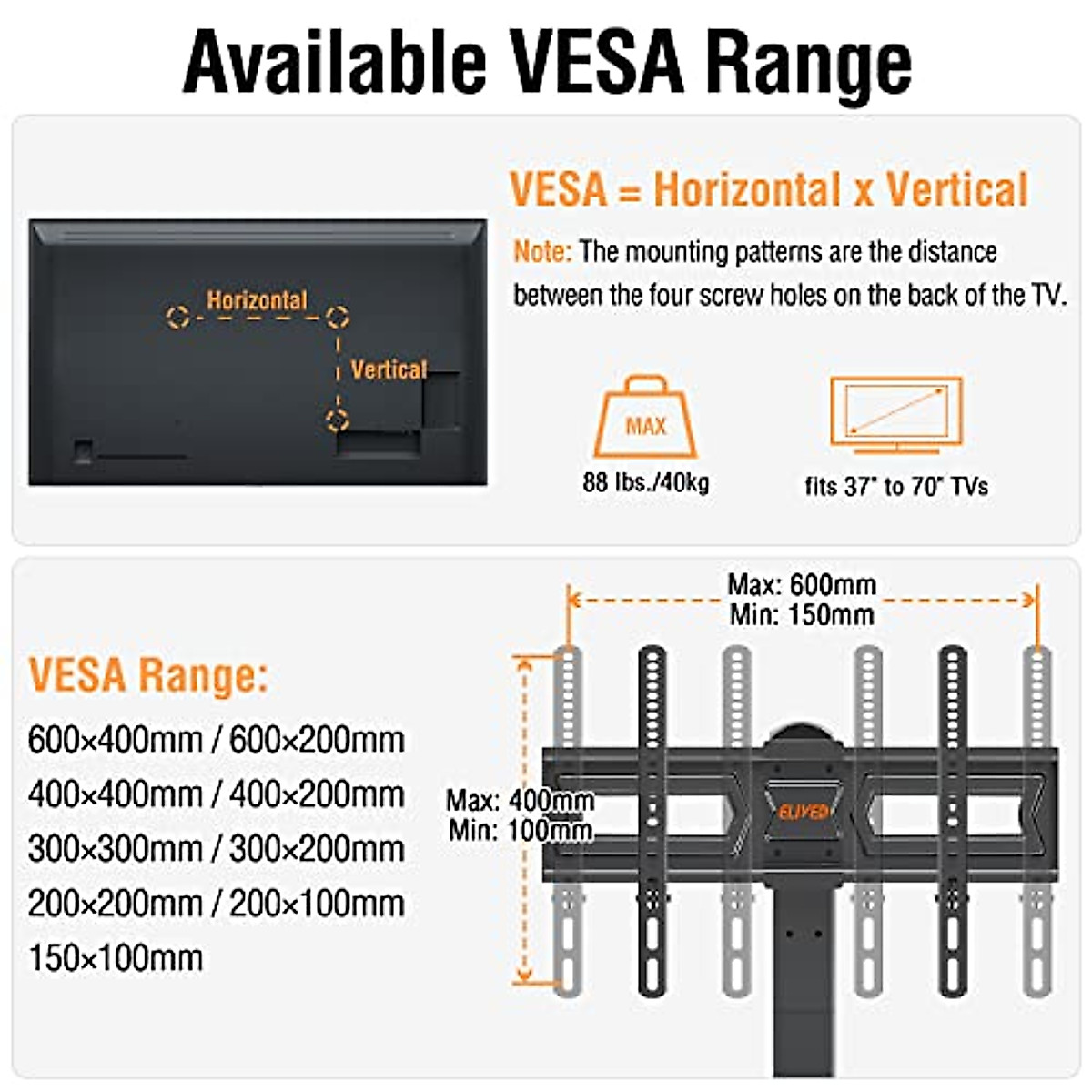 Universal Swivel TV Stand Base, Table Top TV Stand for Most 37-70 inch LCD LED Flat Screen TVs, Height Adjustable TV Mount Stand with Tempered Glass Base, VESA 600x400mm, Holds up to 88 lbs. ELIVED