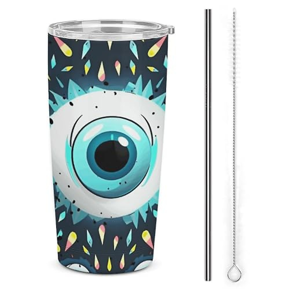 FHENMSA Stainless Steel Insulated Travel Coffee Mug,Evil Eyes Print Reusable Car Cup,Thermal Cup for Outdoor with Straw And Lid