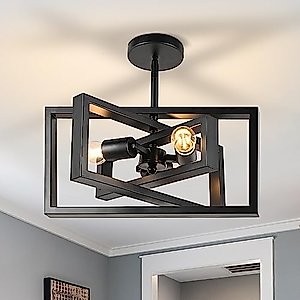 HuisMier 3 Lights Farmhouse Ceiling Light, Rustic Black Semi Flush Mount Ceiling Light Fixture Rectangular Metal Chandelier Lighting for Kitchen Foyer Hallway Bedroom Living Room Bathroom Entrance