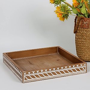 Thewense 12"x12" Farmhouse Decorative Ottoman Coffee Table Accent Tray，Perfect for Storage and Display, Small Square Wood Serving Tray for Office, Kitchen, Dining Room (Square Brown)
