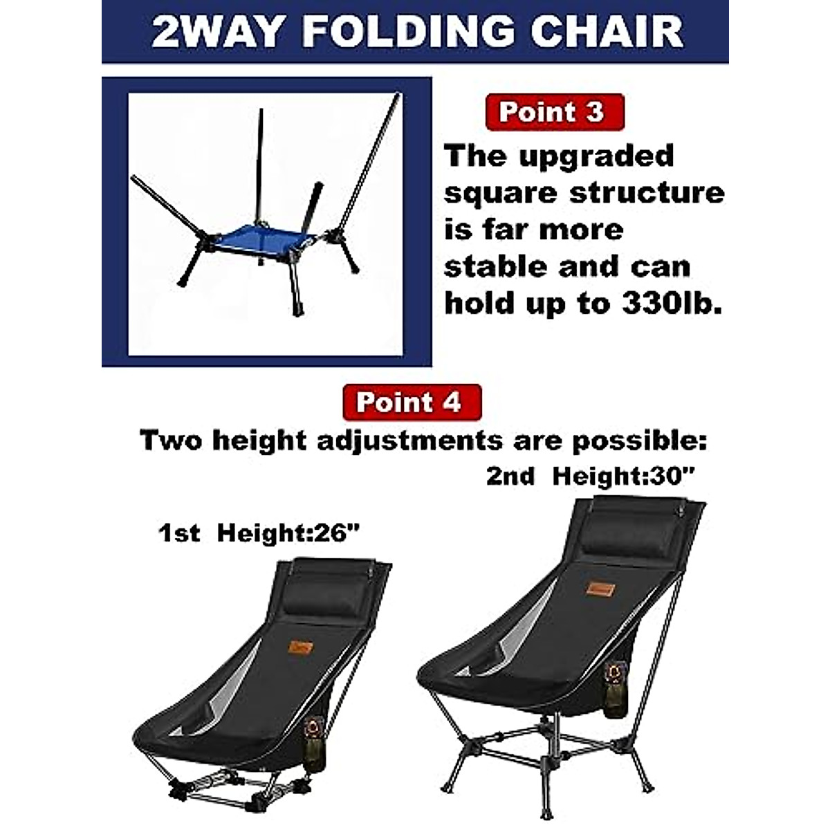 DRAXDOG Camping Chair, 2 Way Compact Backpacking Chair, Portable Folding Chair, Beach Chair with Side Pocket, Lightweight Hiking Chair 0011 (Coffee)