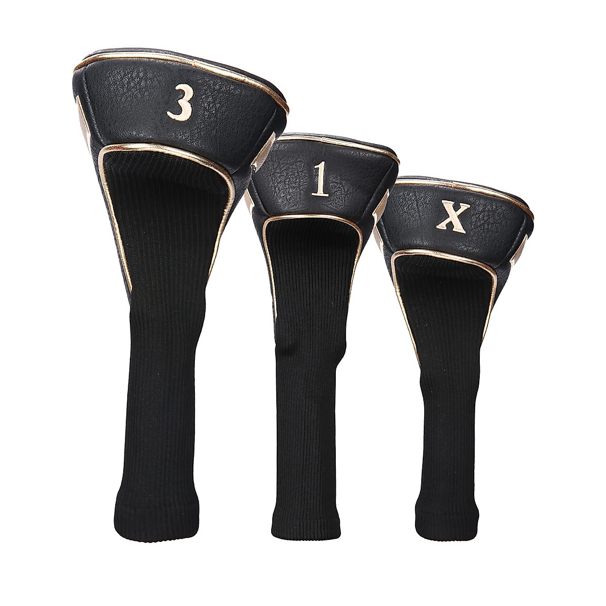 LONGCHAO Golf Head Covers 3pcs Set, Driver Fairway Wood Headcovers, Vintage PU Headcovers for Golf Club (golden-black)