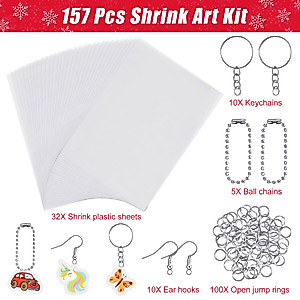 Christmas Shrink Plastic Sheet Kit, for Kids Creative Craft and DIY Ornaments ( 32 Pcs Shrinky Paper with 125 Pcs Keychains Accessories Included