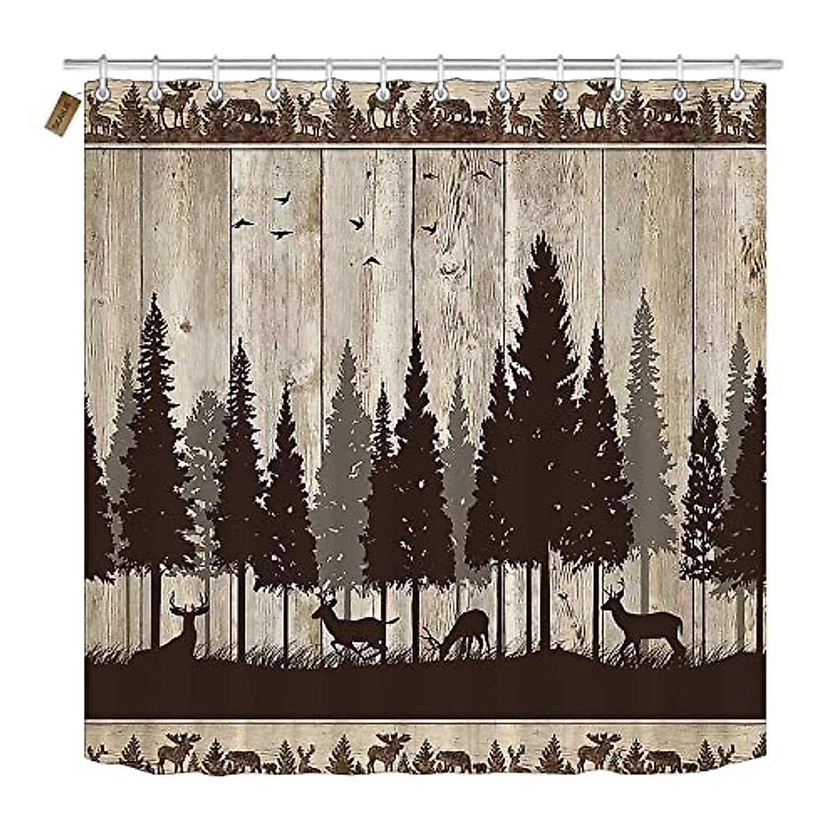 SKAILIÉ 4PCS Deer Shower Curtain Set, Moose Elk Bear Pine Tree Woodland Animal Wildlife Hunting Lodge Cabin Country Rustic Farmhouse Bathroom Decor, Waterproof Fabric Shower Curtain, Non-slip Bath Mat