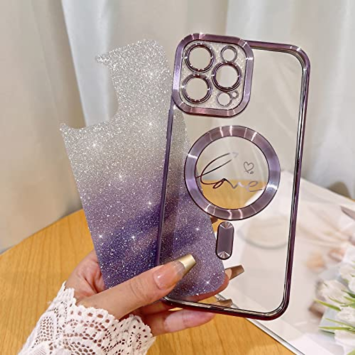 Fiyart Compatible with iPhone 14 Pro Max Case,Compatible with MagSafe Love Heart Plating Camera Protection Clear Phone Case, Magnetic Glitter for Women Girls Shockproof Back Bumper 6.7"-Purple