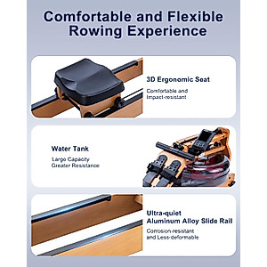TOPIOM Water Rowing Machine for Home Use, Solid Wood Rower Machine with Upgraded Handle and Adjustable Footpad, TM3 Dedicated Monitor & Bluetooth Connection (Oak Pro)