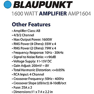 BLAUPUNKT 1600W 4-Channel, Full-Range Amplifier AMP1604, Black