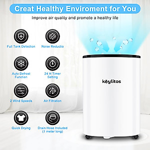 Keylitos 12L Day Dehumidifiers for Home and Basements,Quiet Dehumidifier with Drain Hose, with Digital Humidity Display, Auto or Manual Drainage for Large Room, Garage, Bedroom, Bathroom
