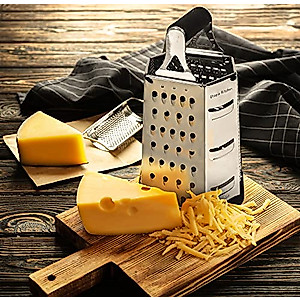 Utopia Kitchen - Cheese Grater & Shredder - Stainless Steel - 6 Sided Box Grater - Large Grating Surface with 6 Razor Sharp Blades - Non Slippery rubber bottom - Perfect to Slice, Grate, Shred & Zest Fruits, Vegetables, Cheeses & Many more! (Black)