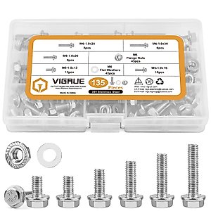 M6-1.0 x 12/16/20/25/30mm Flanged Hex Head Bolts, VIGURE 135PCS M6 Flange Hexagon Screws Serrated Flange Nuts Washers, Stainless Steel 18-8 (304), DIN 6921