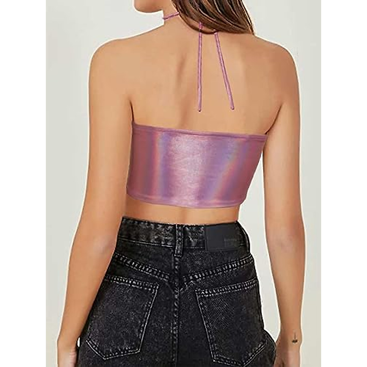 Women's Costume Pink Crop Checked Top Rave Festival Outfits Halter Tie Bra Bustier Top Sexy Pink Top S