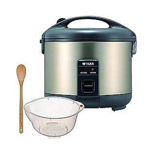 Tiger JNP-S18U Stainless Steel 10-Cup Conventional Rice Cooker (Urban Satin) Bundle with Rice Washing Bowl and Bamboo Spoon (3 Items)