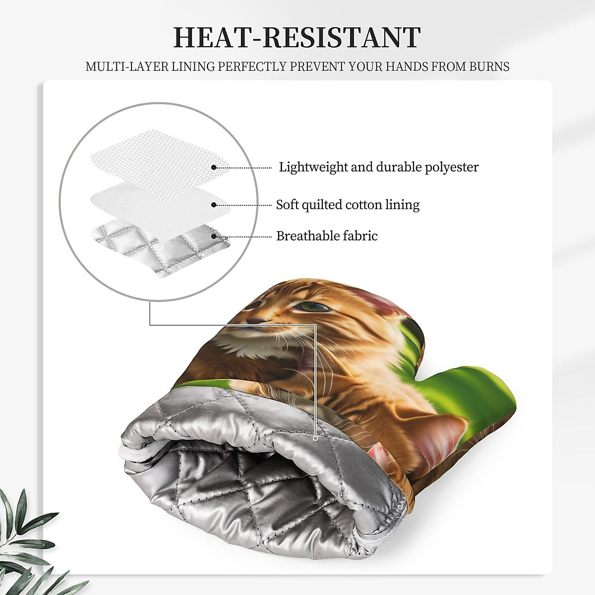 Four Cats Silicone Oven Mitts Pot Holder Sets 2pcs Cute Design Washable Non Slip Kitchen Heat Resistant Mat Women's Cooking Gloves for Baking and BBQ Wear