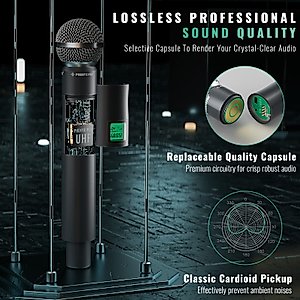 Phenyx Pro Wireless Microphone System, 4-Channel UHF Wireless Mic, Fixed Frequency Metal Cordless Mic with 4 Handheld Dynamic Microphones, 260ft Range, Microphone for Singing,Church(PTU-5000-4H)
