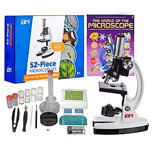 AmScope - M30-ABS-KT2-W-WM 1200X 52-pcs Kids Student Beginner Microscope Kit with Slides, LED Light, Storage Box and Book"The World of The Microscope" White