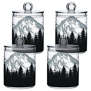 KEEPREAL Nature Mountains and Forest Qtip Holder Dispenser with Lids, 4PCS Plastic Food Storage Canisters, Apothecary Jar Containers for Vanity Organizer Storage