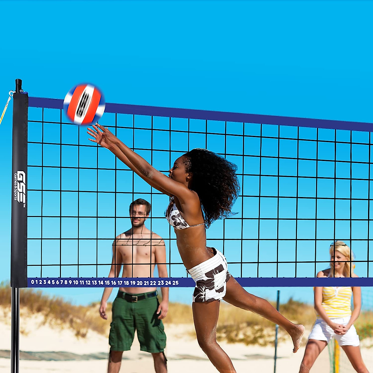 GSE Portable Volleyball Complete Set for Outdoor Backyard, Lawn, Park, and Beach. Professional Volleyball Net System with Poles, Volleyball & Pump, Boundary Line, and Carrying Bag(Recreational)