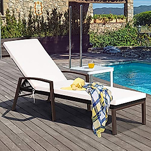 Tangkula Patio Rattan Lounge Chair, Outdoor Reclining Chaise Lounge with Cushion and Armrest, Wicker Sun Lounger with Adjustable Backrest for Garden, Balcony, Poolside (1, Beige)