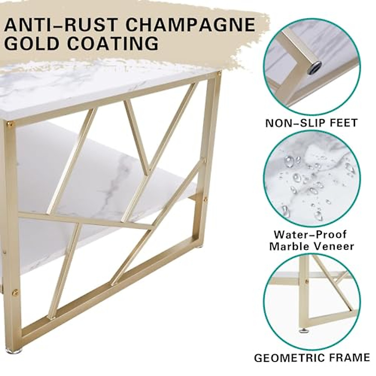 MKJLWO White Coffee Tables for Living Room, Square Marble Gold Coffee Table 2-Tier Storage Modern Center Table White Home Furniture Office Decor 43×21in