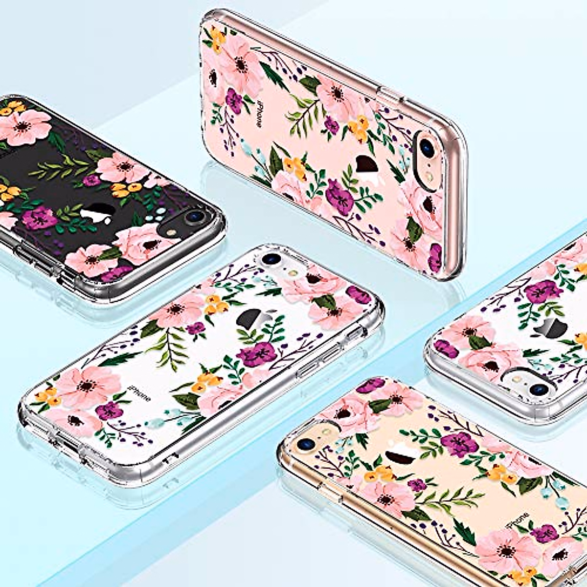 GiiKa iPhone SE 2020 Case, iPhone 8 Case, iPhone 7 Case with Screen Protector, Clear Protective Case Floral Girls Women Hard PC Case with TPU Bumper Cover Phone Case for iPhone 8, Small Flowers