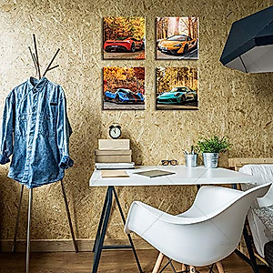 DJSYLIFE Car Posters Boys Room Decor Wall Art Giclee Canvas Prints Autumn Landscape Red Sport Car Pictures Modern Artwork for Bedroom Home Decorations Painting 12x12 inchesx4 Framed Ready to Hang