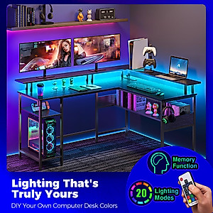 Rolanstar Computer Desk L Shaped 56.7" with LED Lights and Power Outlets, Reversible L Shaped Gaming Desk with Monitor Stand, Home Office Desk with Storage, Desk with USB Port and Hook, Black