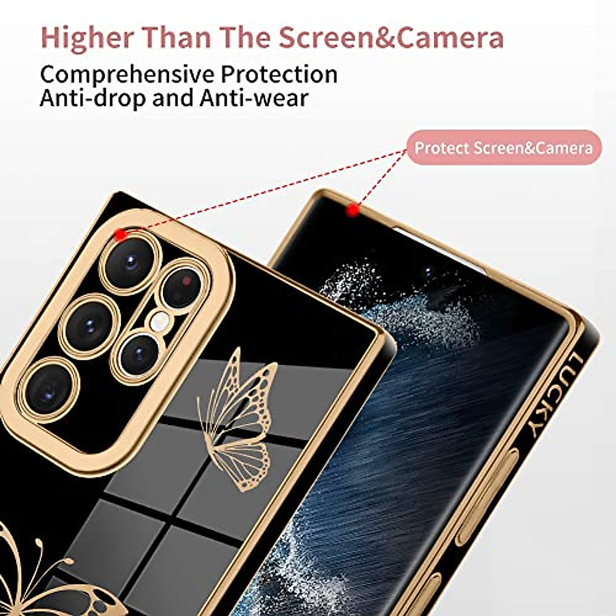 MZELQ for Samsung S22 Ultra 5G Case Butterflies Design for Women Girls,Cute Luxury Plating Edge Bumper Full Camera Lens Protection Cover for Galaxy S22 Ultra 5G 6.8“-Black