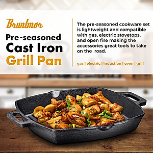 Bruntmor 13-Inch Cast Iron Grill Pan Pre-Seasoned Cast Iron Pan for Stovetop and Outdoor Use - Induction Compatible Griddle Cookware with Ridges for Steak, Meats, and Vegetables