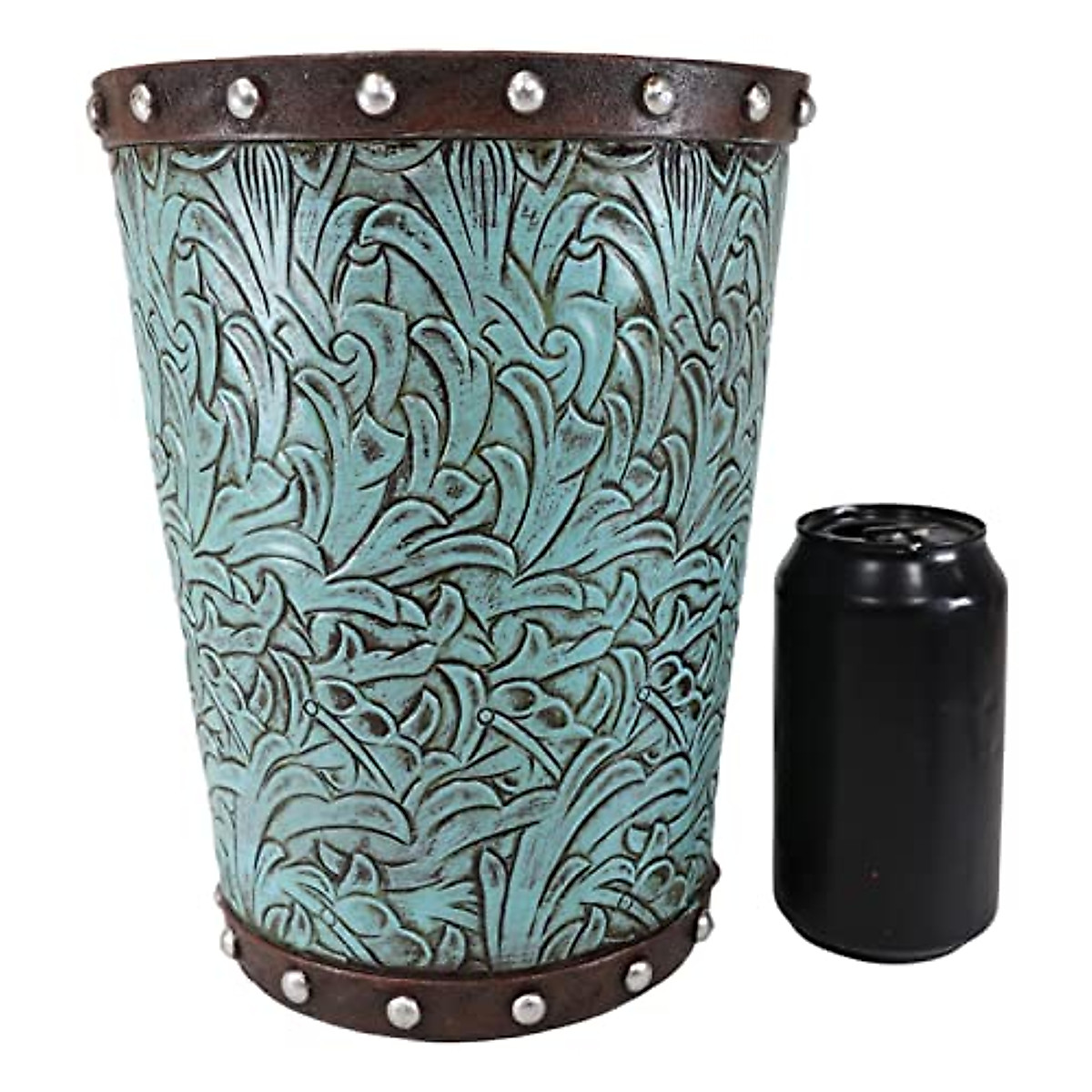 Ebros Gift Rustic Western Sculpted Turquoise Floral Patterns Flower Scroll Art with Faux Tooled Leather Nailhead Borders Bathroom Accessory (Dry Waste Basket Trash Bin)