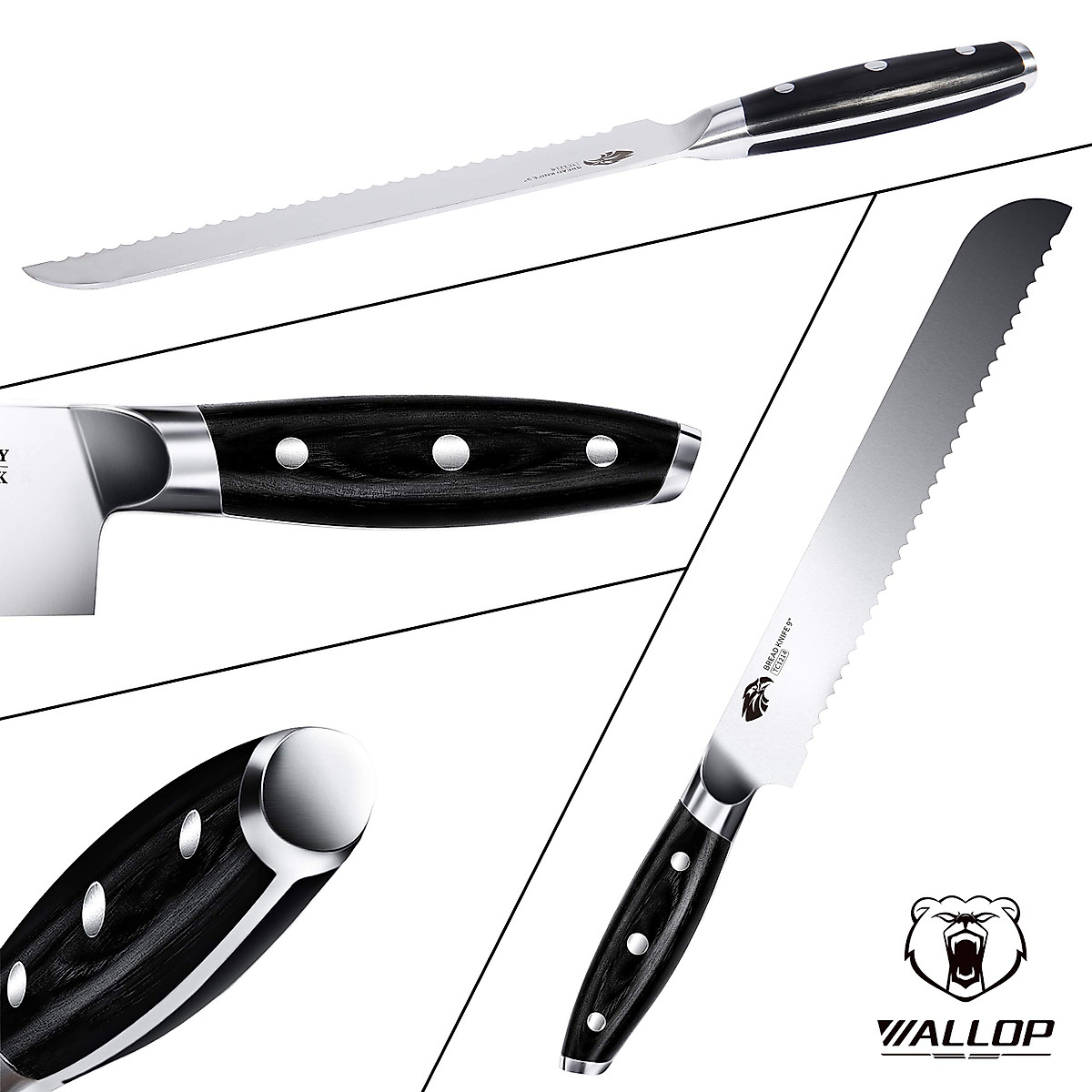 WALLOP Bread Knife 9 inch, Serrated Kitchen Slicing Knife - German High Carbon Stainless Steel, Full Tang Pakkawood Handle, Gift Box Included Black Hawk Series